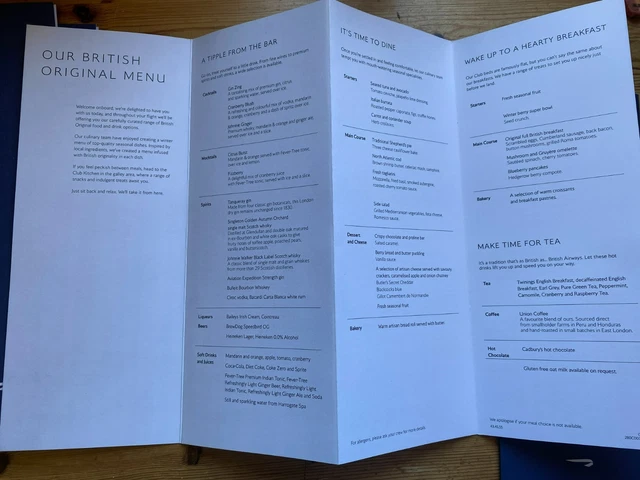 BRITISH AIRWAYS BUSINESS CLASS Menus - March 2025 LHR-JNB & JNB-LHR £1. ...