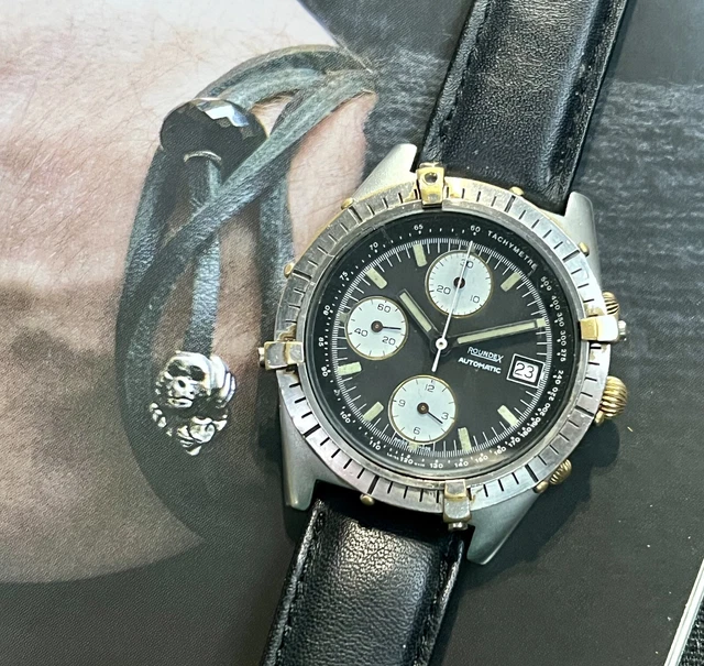 VINTAGE WATCH ROUNDEX Chronomat Automatic Valjoux 7750 Swiss Made Black ...