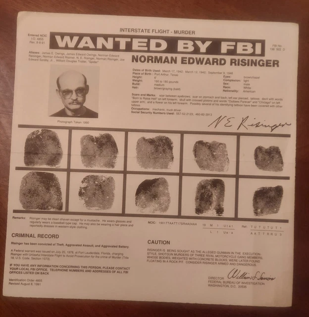 VERY RARE FBI Wanted Poster SPIDER The Outlaws 1%er Motorcycle Gang ...