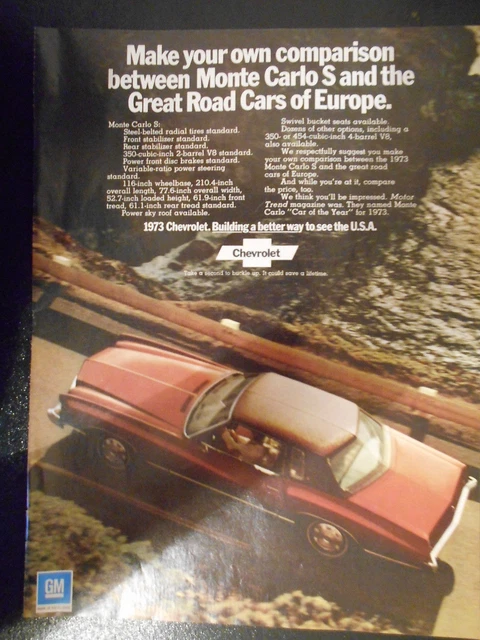 1973 CHEVROLET MONTE Carlo S Original Vintage Magazine Advertisement Ad ...