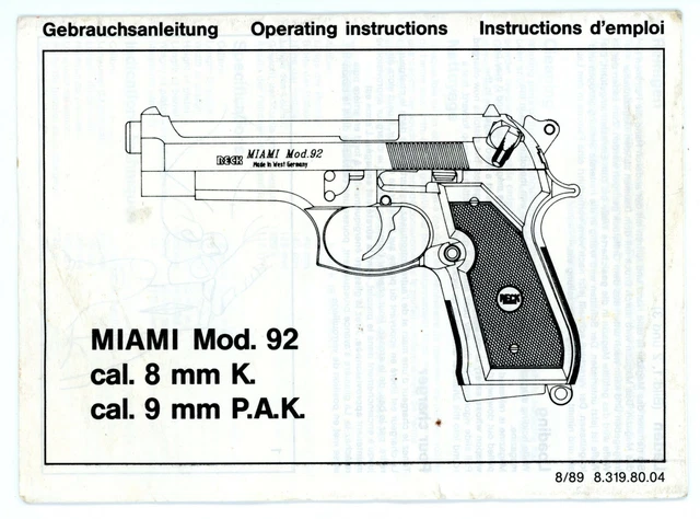 UMAREX USER INSTRUCTIONS RECK MIAMI Mod. 92 cal. 8 mm K. 9 mm P.A.K ...