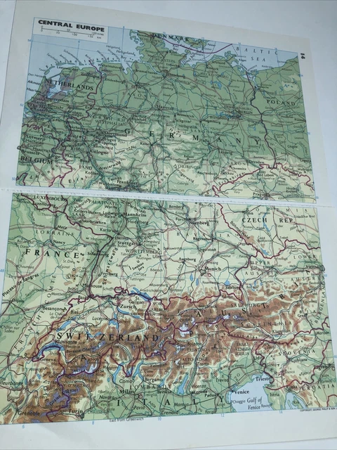 1994: PHYSICAL MAP Of Central Europe (physical) Scandinavia Print #14/ ...