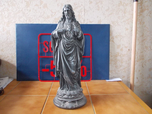 ANCIENNE GRANDE STATUE en étain signée Arnoult : JESUS debout, COEUR ...