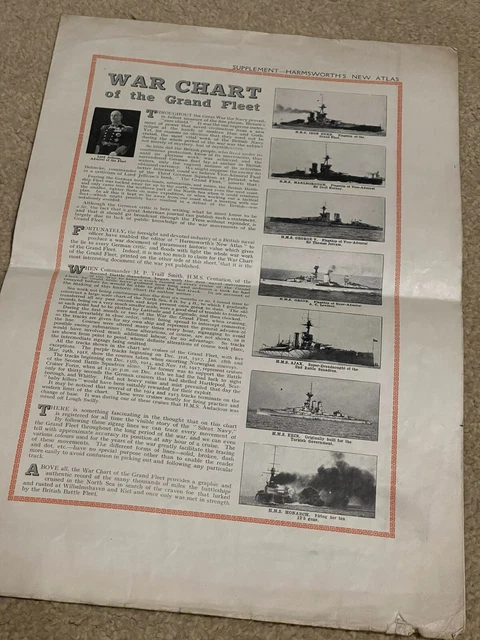HARMSWORTH’S NEW ATLAS Supplement Wall Chart Grand Fleet Scapa Flow ...
