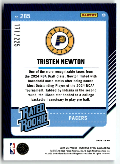 2024-25 PANINI DONRUSS Optic NBA N º 285 Tristen Newton Rated Rookie ...