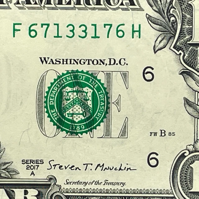 RADAR FANCY SERIAL Number One Dollar Bill F67133176H Palindrome 6s 7s ...