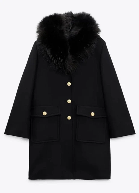 ZARA WOOL BLEND Coat With Faux Fur Collar Black Aw23 Size Xl Ref. 8571/ ...