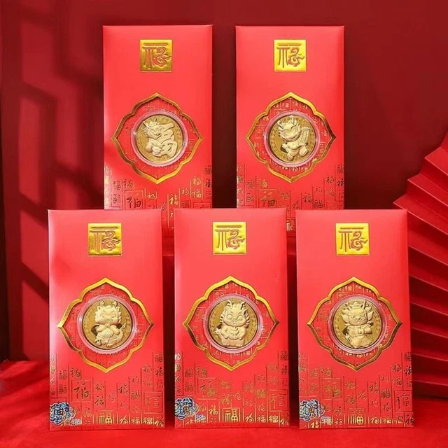 Cny Commemorative Coin Zodiac Dragon Gold Foil Red Envelope New Year