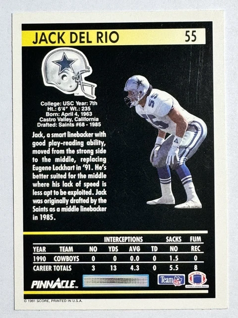 CARTE DE FOOTBALL Jack del Rio Dallas Cowboys, Vikings 1991 Pinnacle ...