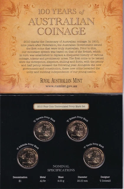 AUSTRALIA: 2010 100 Years Of Australian Coinage 4 Unc Coin Set A,D,H,P ...