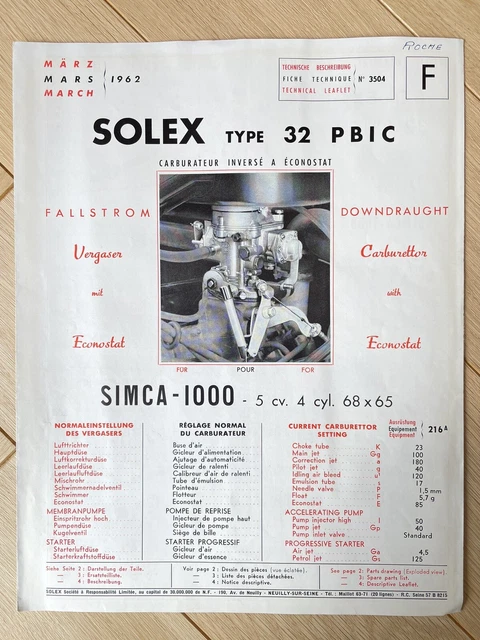 BROCHURE FICHE TECHNIQUE Solex Type 32 PBIC carburateur inversé - SIMCA 1000 EUR 17,00 - PicClick FR