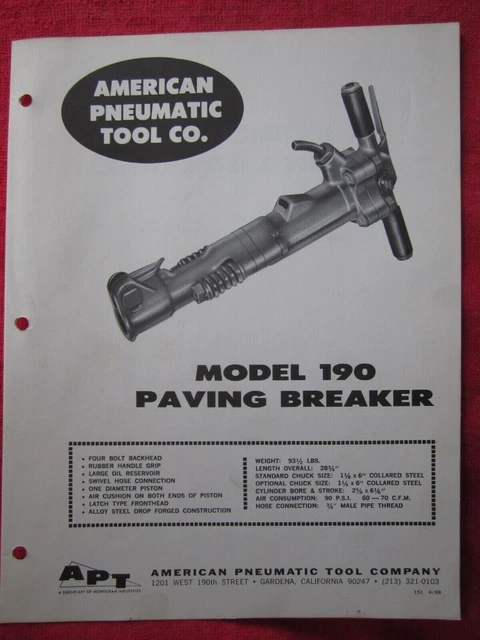 APT AMERICAN PNEUMATIC TOOL Co. MODEL 190 PAVING BREAKER PARTS LIST ...