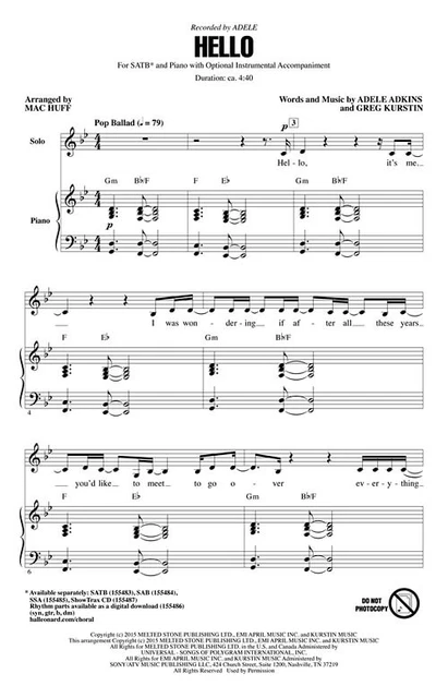HELLO POP CHORAL Series SATB Adele $19.00 - PicClick AU