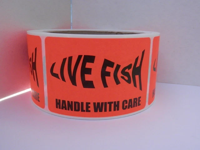 50 STICKERS 2X3 Warning Label LIVE FISH silhouette HANDLE WITH CARE ...