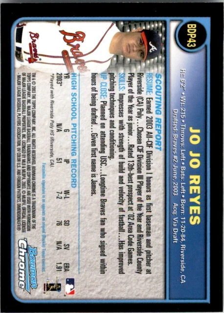 2003 BOWMAN CHROME Jo-Jo Reyes. Atlanta Braves #BDP43 EUR 1,94 - PicClick FR
