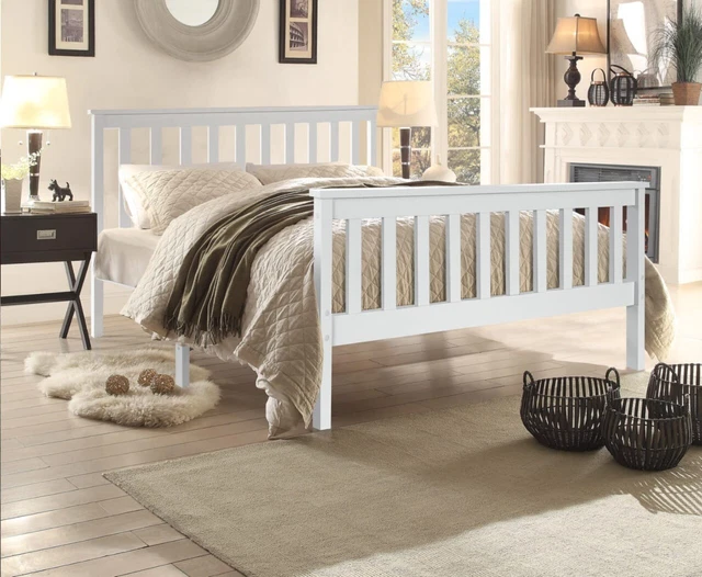 SOLID WHITE WOODEN Pine Wood Bed Frame with Mattress 4Ft Small Double Shaker Bed £199.99 ...