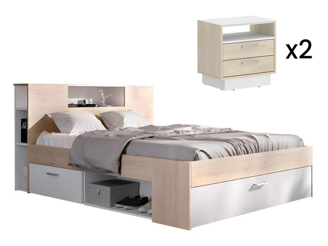 LIT AVEC TÊTE de lit rangements et tiroirs - 160 x 200 cm - Coloris : Naturel et EUR 492,99 ...