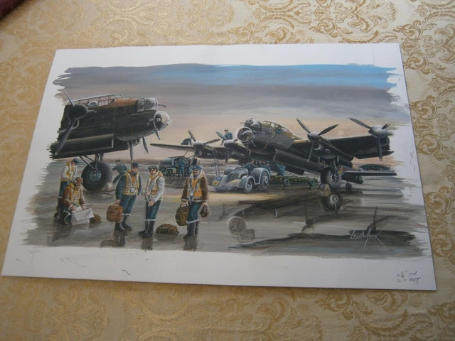 ORIGINAL AVIATION ART Painting RAF Bomber Command WWII Avro Lancaster ...