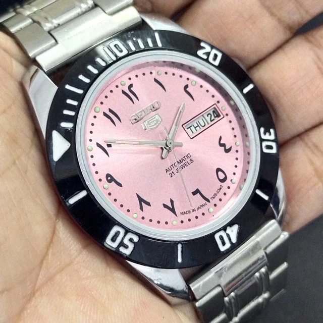 VINTAGE SEIKO 5 Automatic Pink Dial Men's Watch Big Case 41.6mm Arabic ...