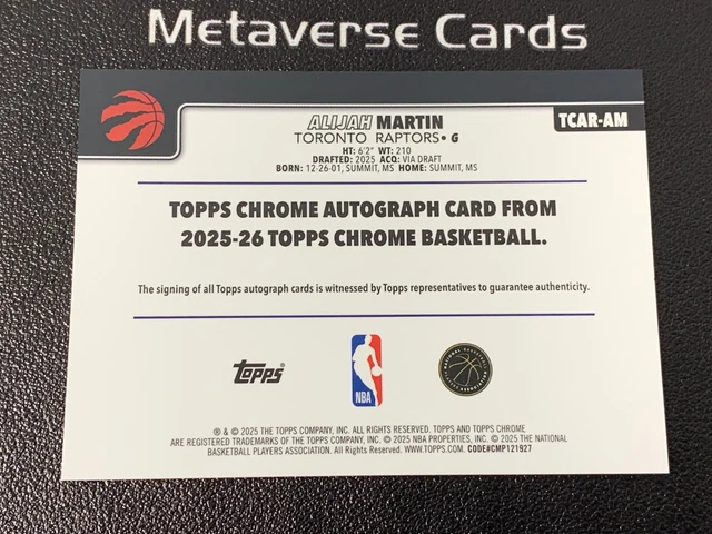 2025-26 TOPPS CHROME Alijah Martin RC Rookie Auto Raptors $1.38 ...