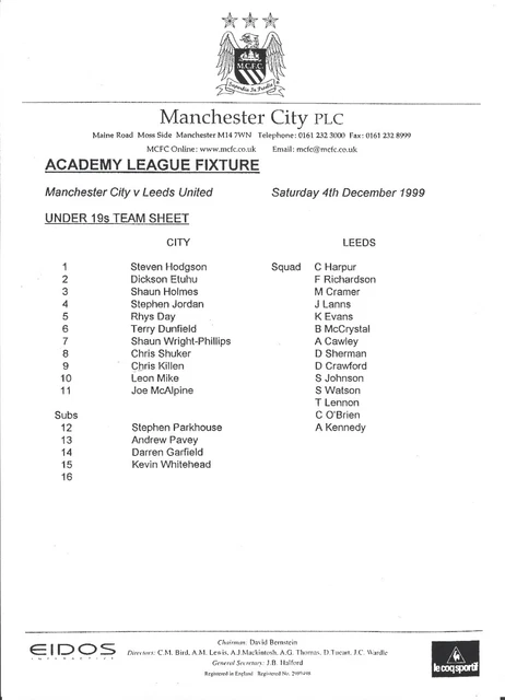 3 X MANCHESTER City v LeedsUnited Under 19's Academy league team sheets ...