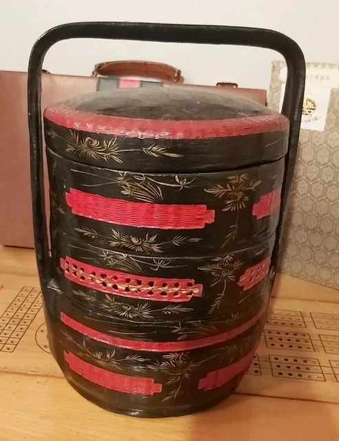 ANTIQUE WOODEN CHINESE Stacking Wedding Basket Black & Red W/ Gold ...