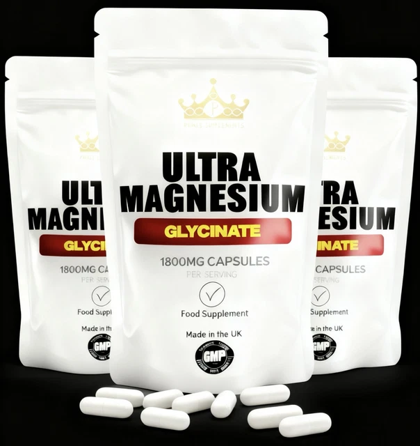 MAGNESIUM GLYCINATE Capsules 1800 Mg High Strength Fatigue, Vegan Uk £5 ...