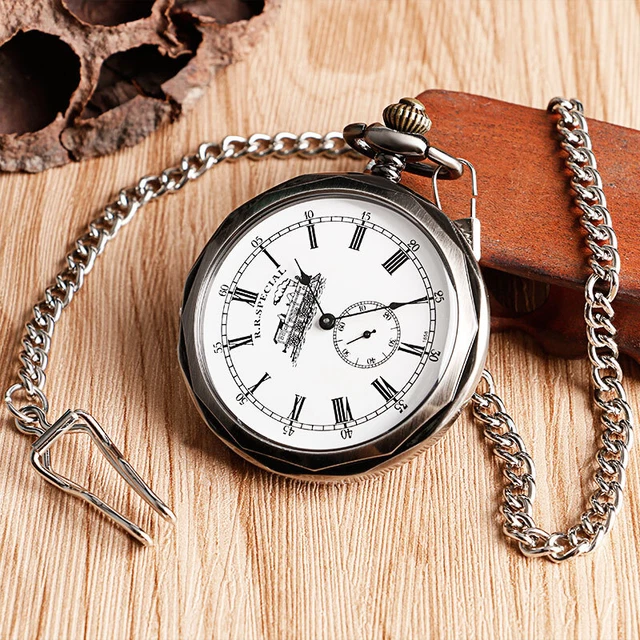 MENS MECHANICAL POCKET Watch with Train Open Face Big Dial Roman ...