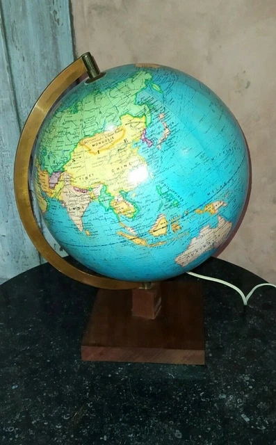 MAPPEMONDE GLOBE TERRESTRE lumineux GIRARD ET BARRERE bois bronze 50's ...