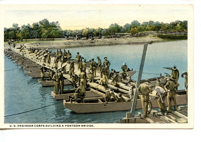 MILITARY POSTCARD WW1 US Army Engineers Building Pontoon Bridge Brown ...