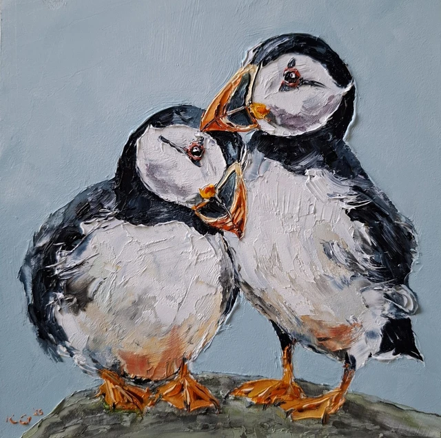 PUFFINS ORIGINAL OIL Painting, Puffin Bird Portrait, Wildlife Animal ...