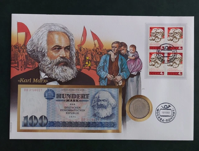 BANKNOTENBRIEF - DDR - Karl Marx - 100 Mark - 5 Mark - UNC Banknoten ...