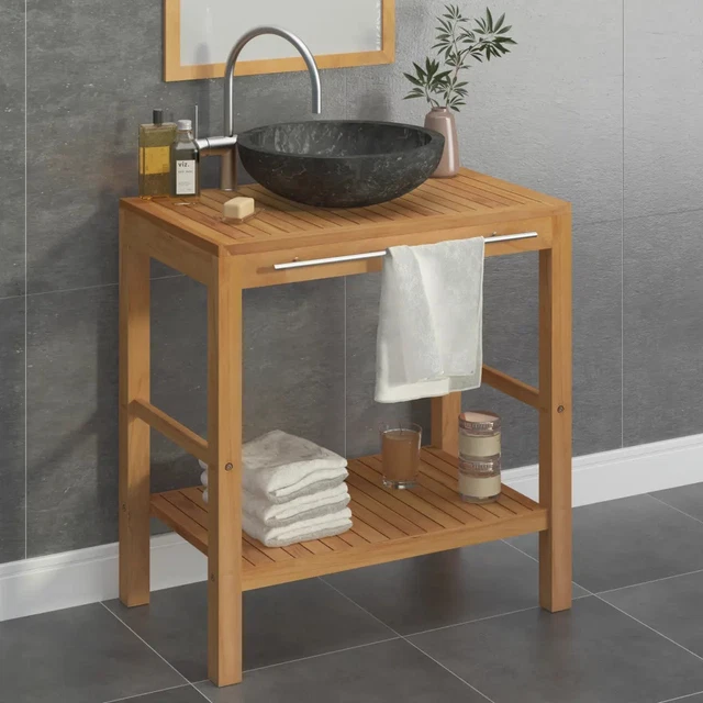 WALPLUS TEAK WASHSTAND Cabinet Black Marble Sink Designer Bathroom Unit ...