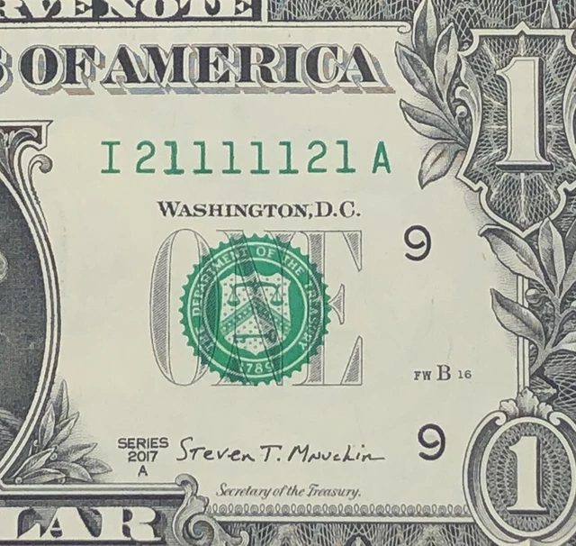 BINARY RADAR FANCY Serial Number One Dollar Bill I21111121A FW Print 1s ...