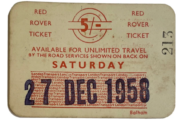 VINTAGE LONDON TRANSPORT Bus Ticket -Red Rover 1958 5/-BALHAM 18 £2.99 ...