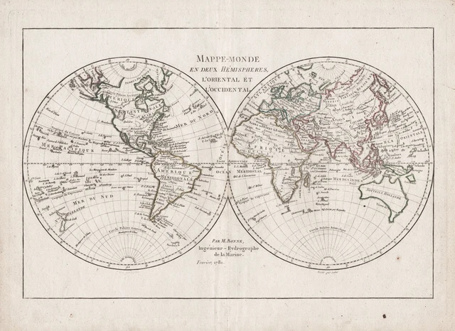 WORLD MAP WORLD Map Map World Australia America Bonne Engraving 1781 £ ...