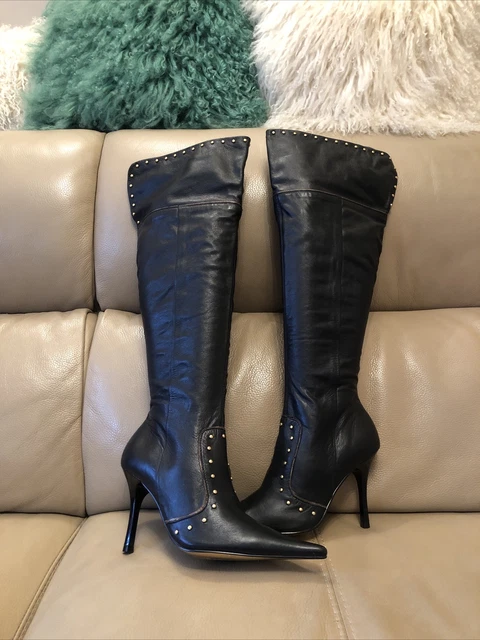 'FAITH' LONG BLACK Leather Over Knee Boots Gold Stud Detail Size 3 New ...