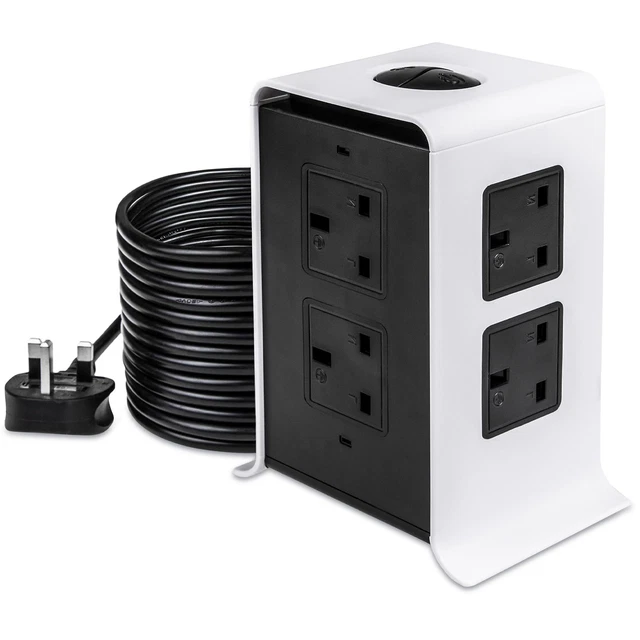 8 WAY EXTENSION Lead Tower With USB Port Multi Plug 5 Metre Power Cord ...