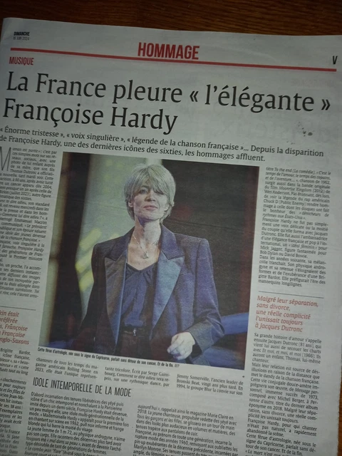 FRANCOISE HARDY ARTICLE 1 page A3 journal L'UNION du 16 juin 2024 EUR 5 ...