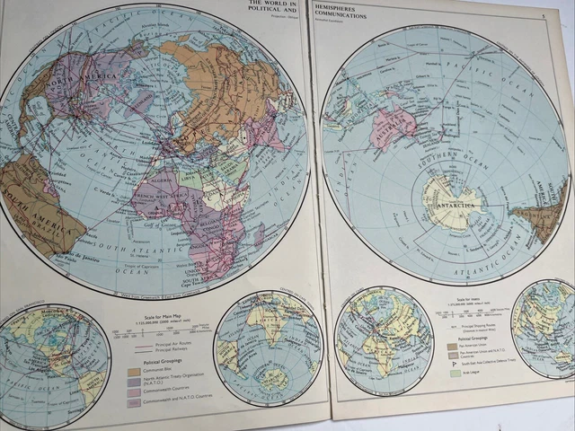 1959: MAP OF The World In Hemispheres Political & Communication £12.95 ...