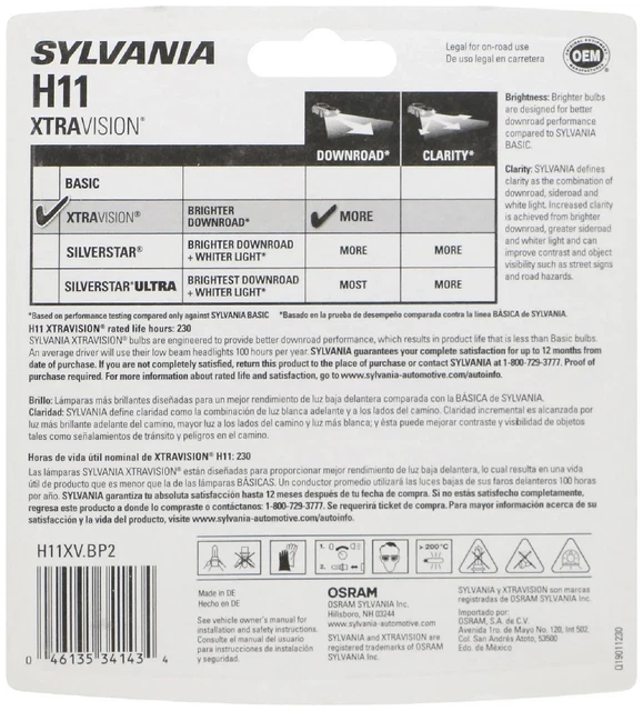 SYLVANIA H11 XTRAVISION (2) High Performance Halogen Vehicle Headlight ...