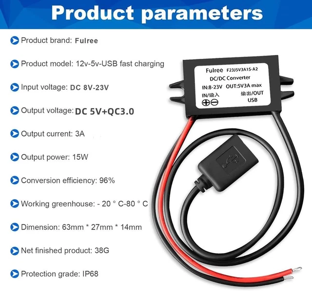 QUICK CHARGE QC3.0 USB Converter DC 12V/24V to 5V 3A USB Buck Charging ...