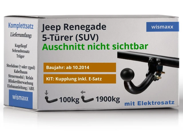 ANHÄNGERKUPPLUNG FÜR JEEP Renegade ab 14 starr BRINK +7pol E-Satz ABE ...