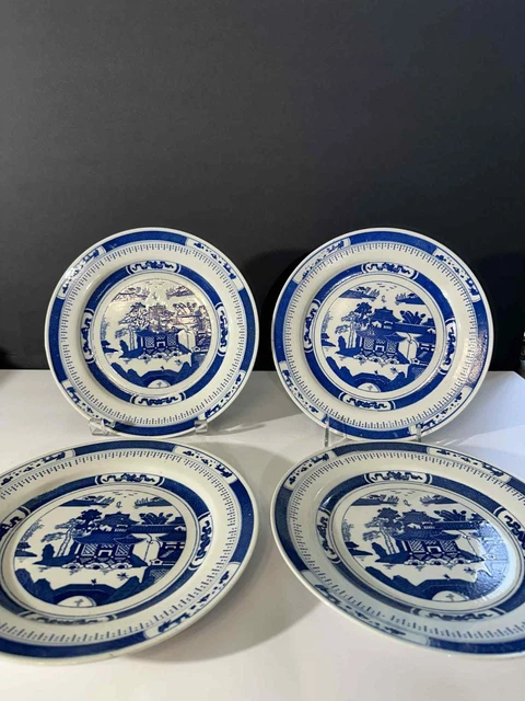 SET OF 4 Vintage Chinese Blue & White Porcelain Plates 9" Pagoda ...