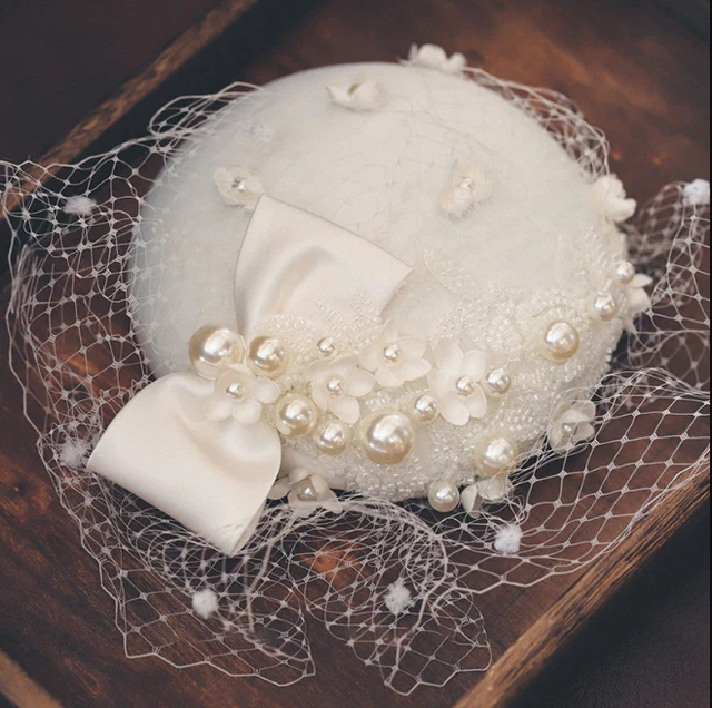ENGLISH VINTAGE BRIDE Charm Birdcage Veil Net Flower Pearl Hat Wedding ...