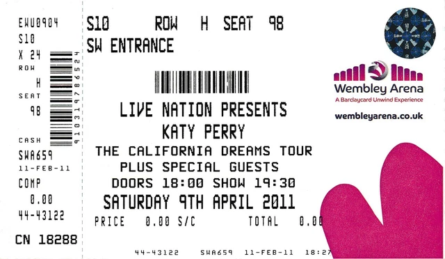CONCERT TICKET - Katy Perry @ Wembley Arena 9th April - UNUSED £9.99 ...