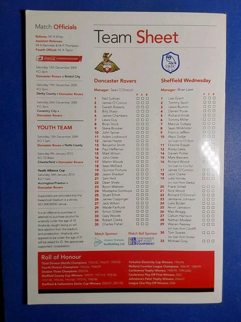 DONCASTER ROVERS V Sheffield Wednesday 8th December 2009 Vgc £1.17 ...