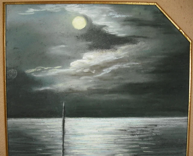 BARQUE ET PLEINE lune dessin à l'aquarelle encadr Pierre Bouchet Bordeaux c 1930 EUR 90,00 ...