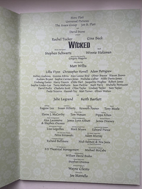 WICKED THE MUSICAL Theatre Programme RACHEL TUCKER GINA BECK MATT ...