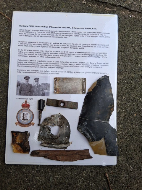 WW2 BATTLE OF Britain Relic Display Board, Hawker Hurricane P2765, 605 ...
